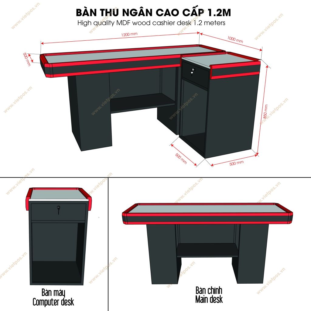 Bàn thu ngân mặt Inox 1.2m - Màu đen