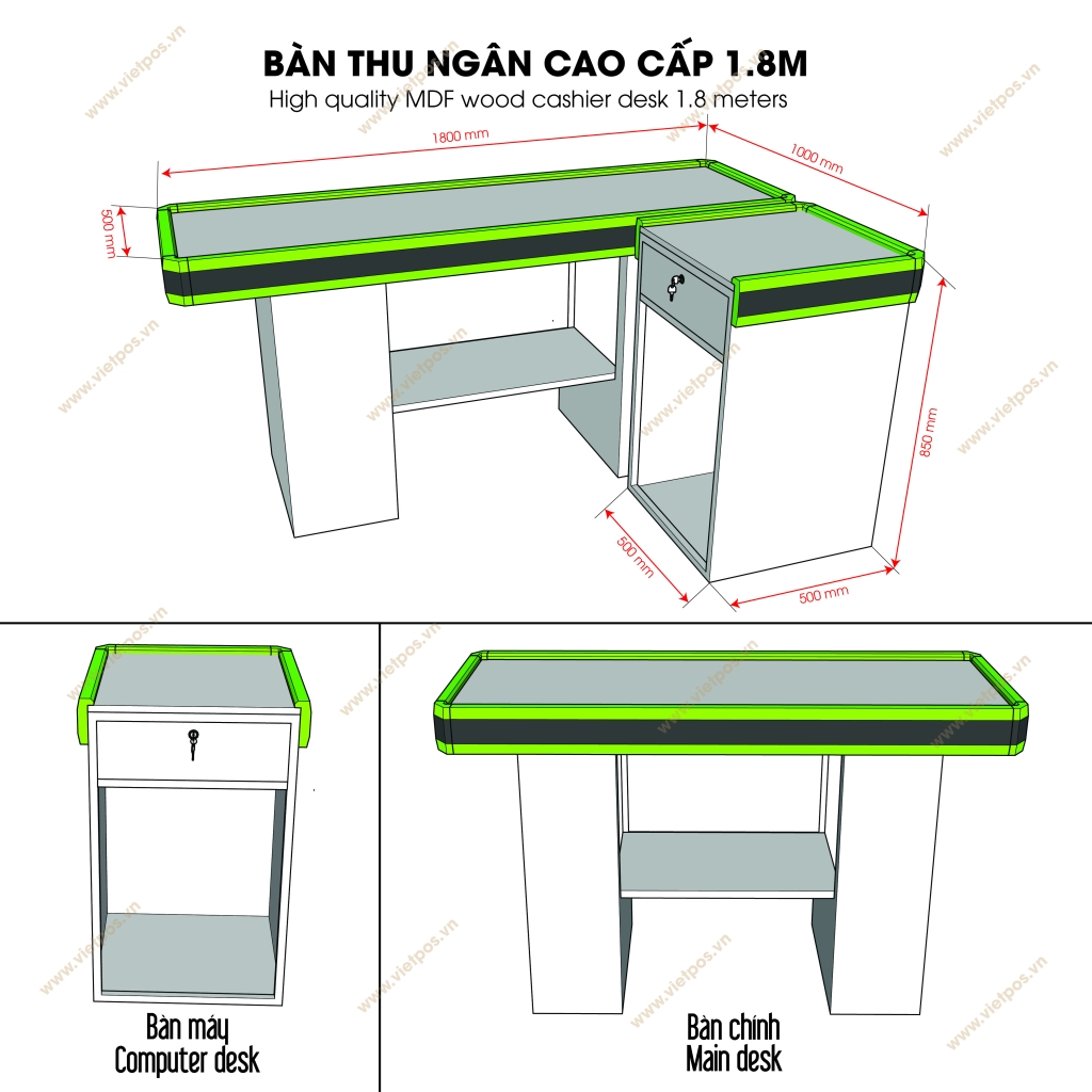 Bàn thu ngân mặt Inox 1.8m – Màu trắng xanh lá
