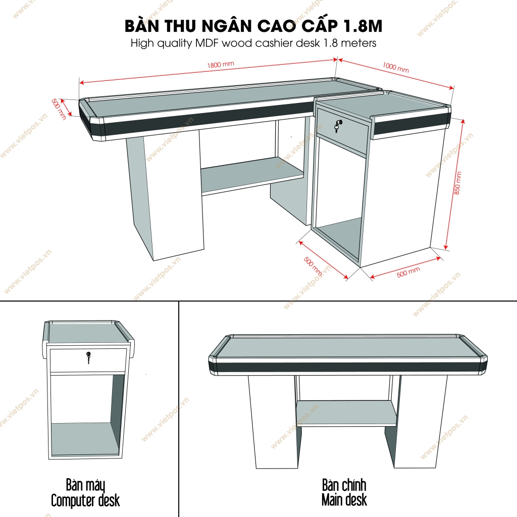 Bàn thu ngân mặt Inox 1.8m - Màu trắng viền đen